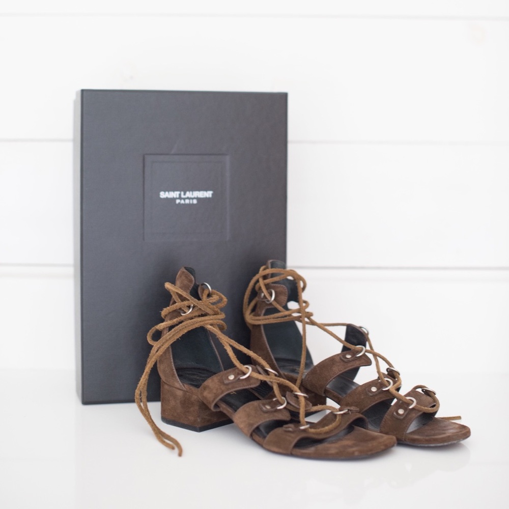 Ysl Saint Laurent Brown Gladiator Block Sandals - Gem